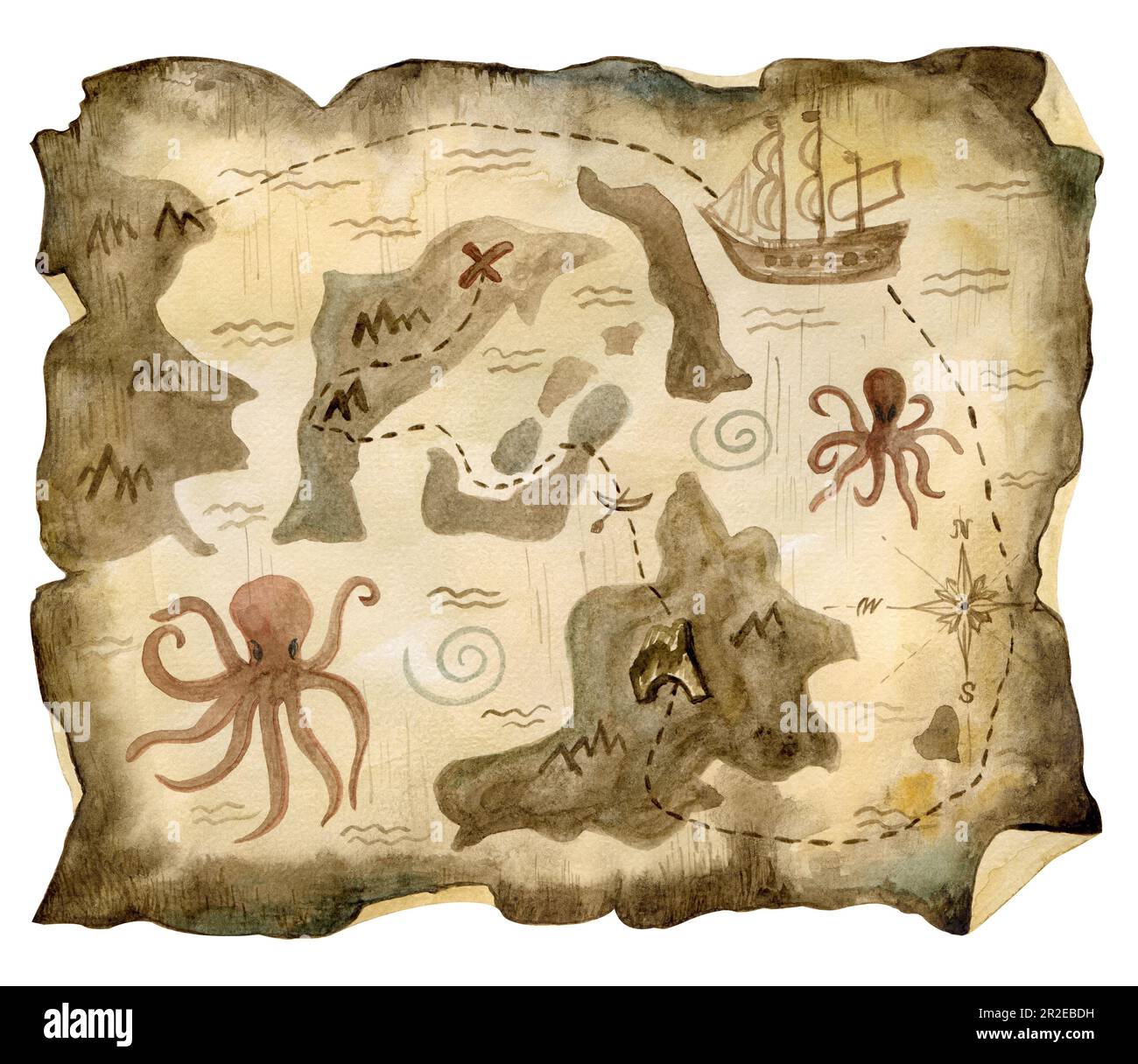 Treasure map hand drawn in watercolor. Antique map with islands ...