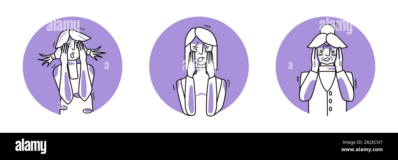 Scared female set circle icons. Young, adult and old women are afraid ...