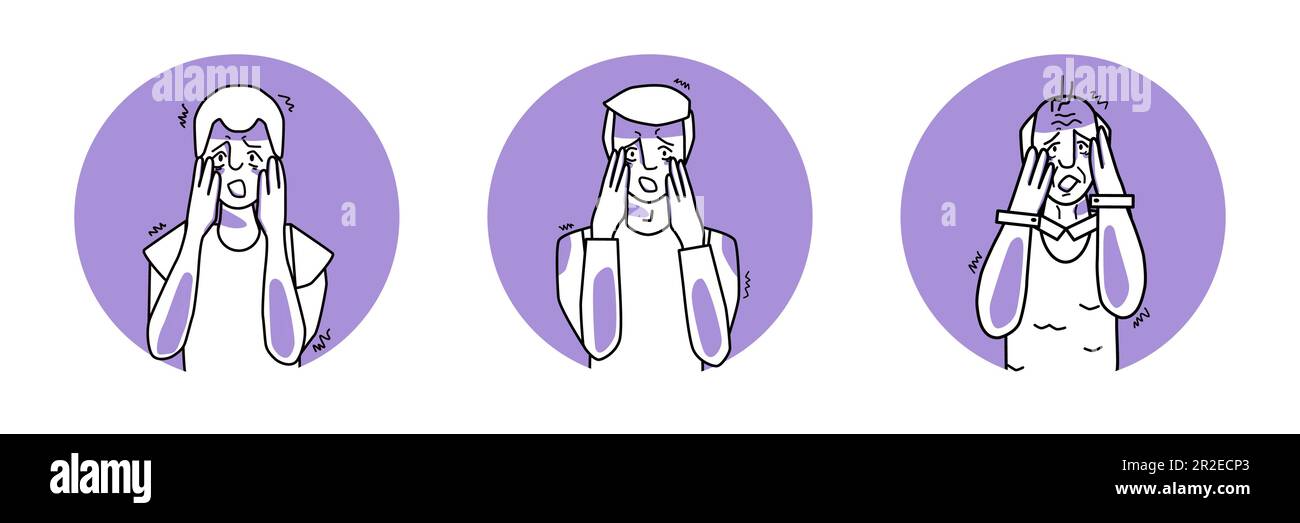 Scared male set circle icons. Young, adult and old men are afraid ...