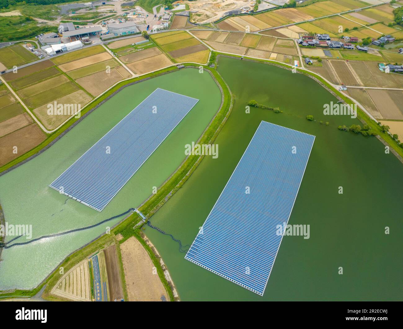 Solar panels float on water in irrigation reservoir by rice fields and ...