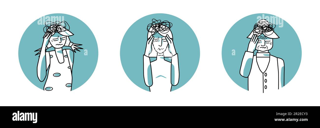 Stressed female circle icons set. Young, adult and old women suffer ...