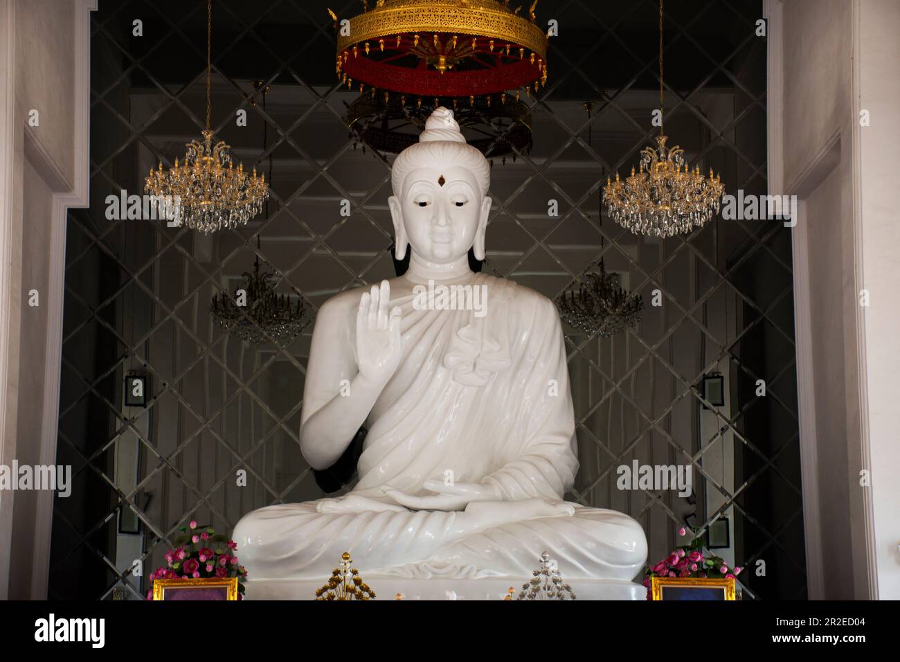 Beautiful white ancient buddha in antique ubosot of Wat Ku or Phra Nang ...