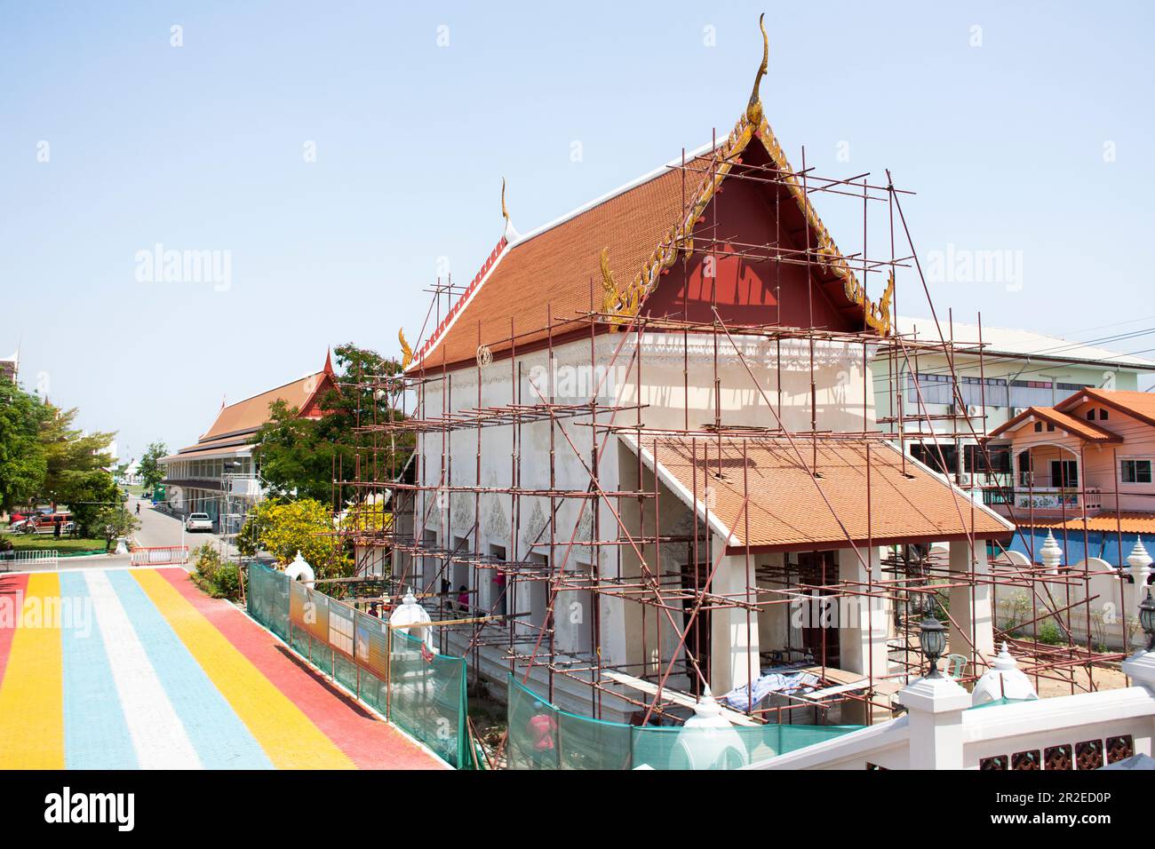 Thai workers people renovate repair and build scaffolding ancient ruins ...