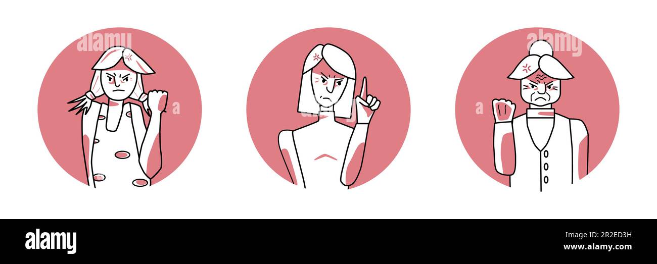 Angry female circle icons set. Young, adult and old woman irritated ...