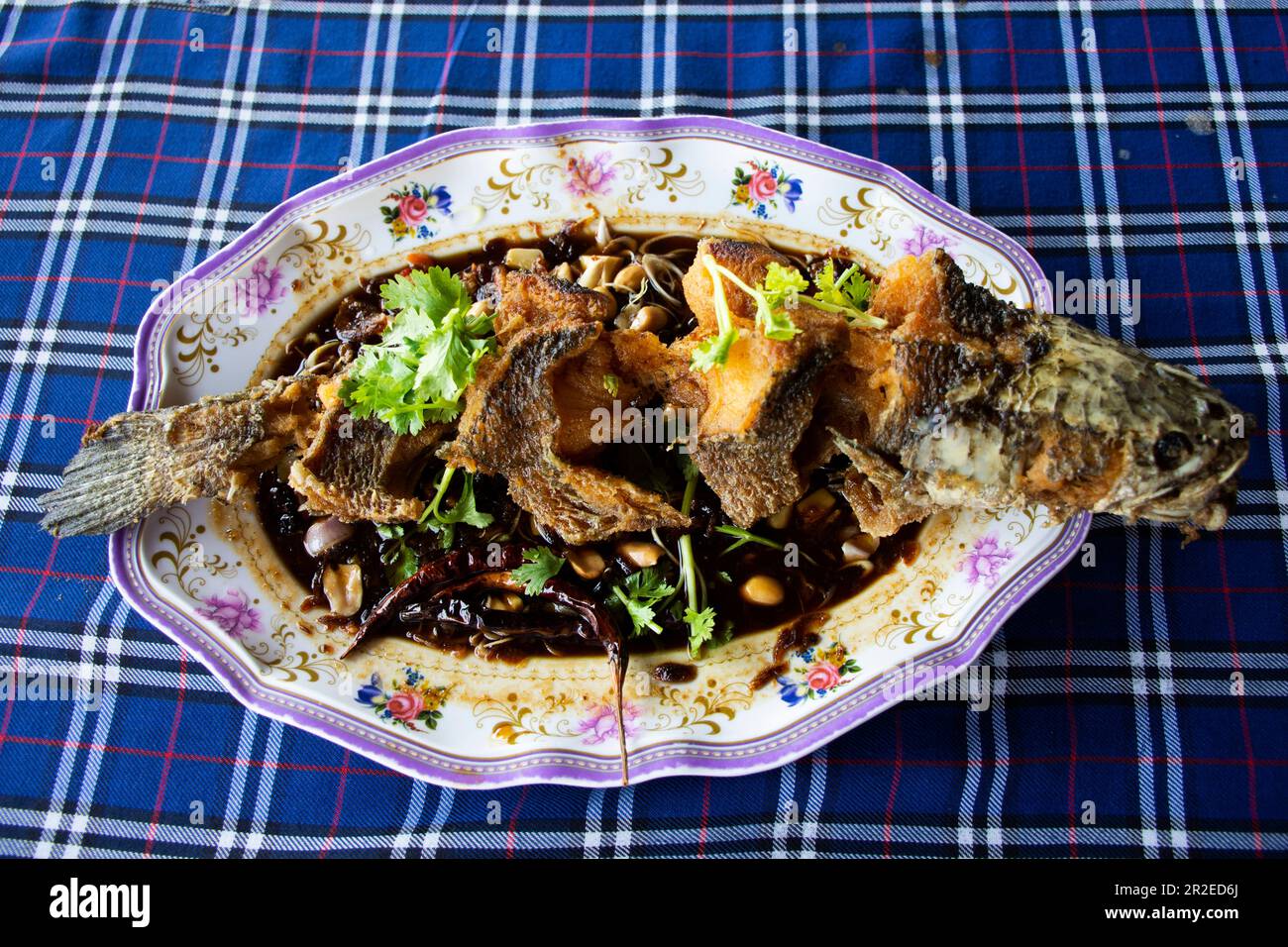 Traditional thai food local gourmet deep fried snakehead fish with ...