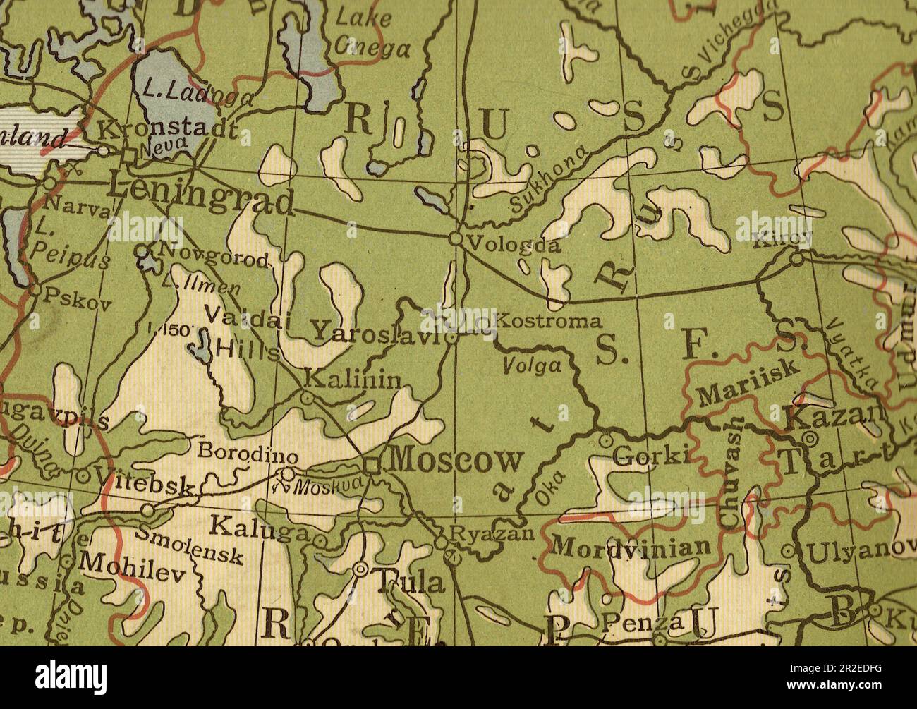Vintage geographical map of Russia showing Moscow and Leningrad in ...