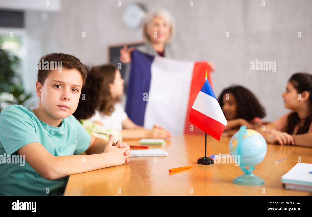 Female teacher showing french flag to kids in geography class Stock ...