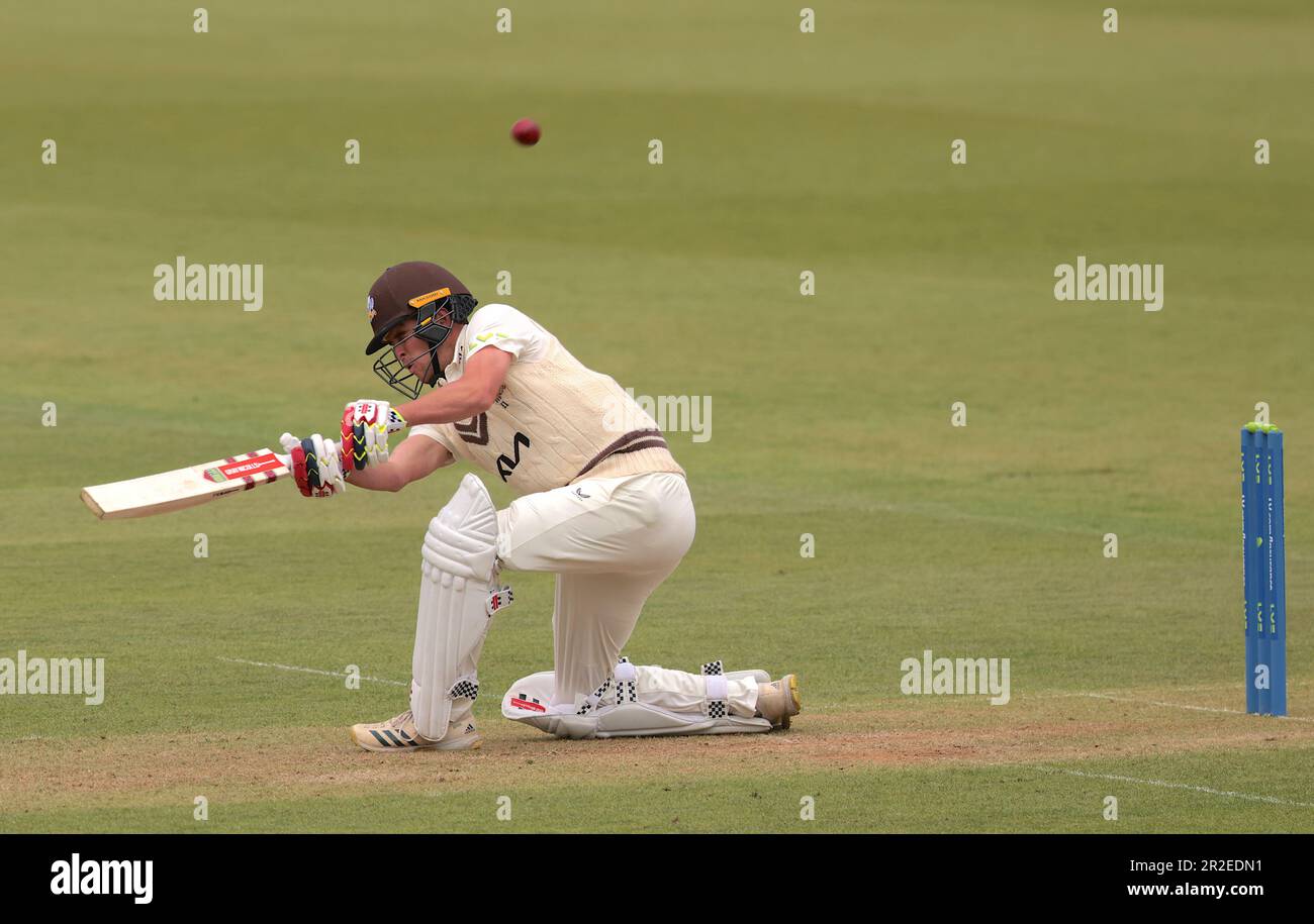 19 May, 2023. London, UK. Surrey’s Tom Lawes dinks one over the top for ...
