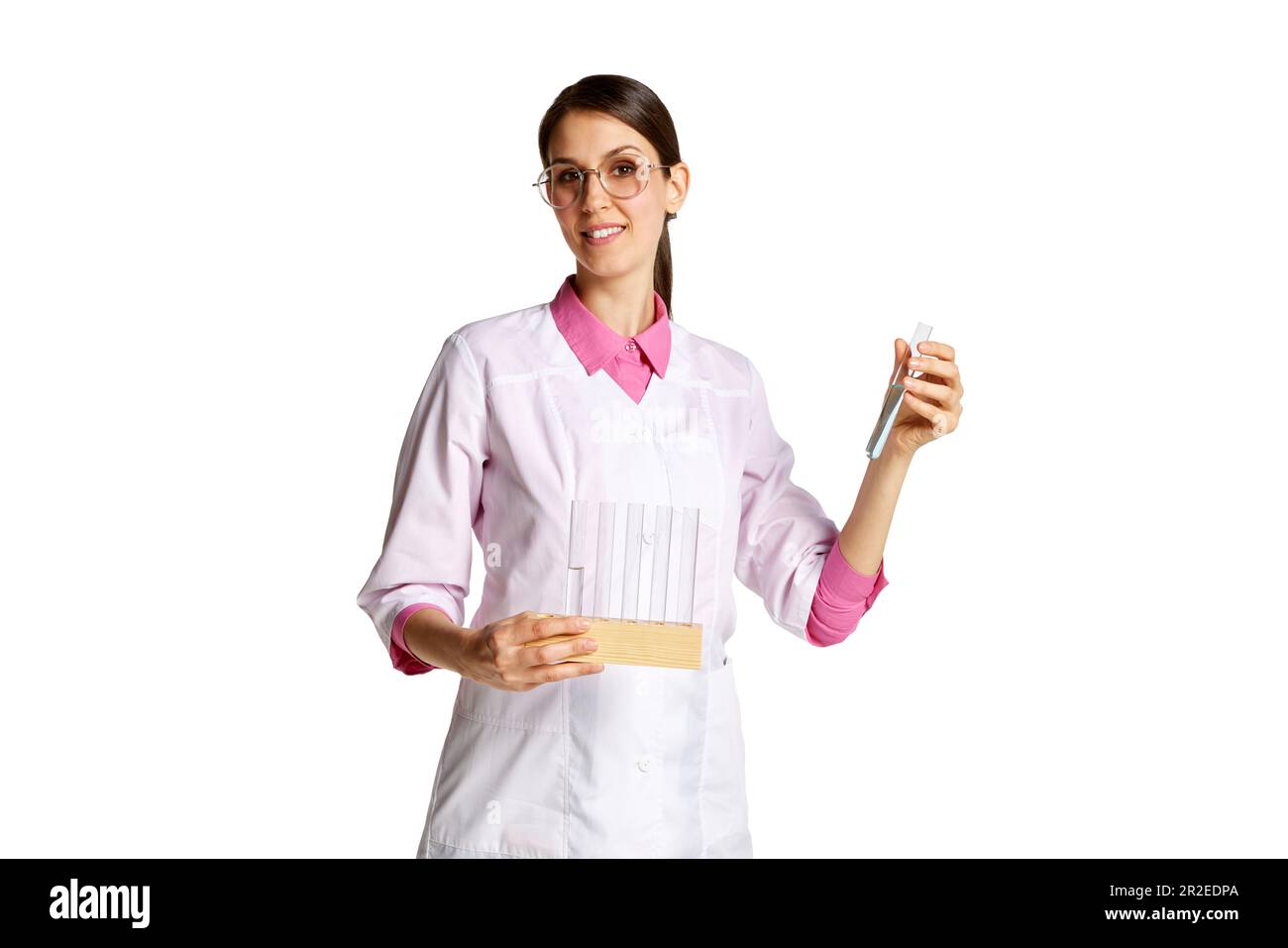 Young woman, doctor, nurse holding lab tube, medical tests isolated ...