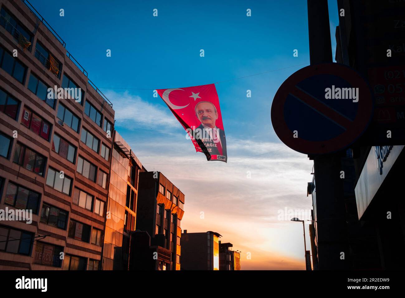 A flag bearing the effigy of Kemal Kılıçdaroğlu president of Turkey's ...