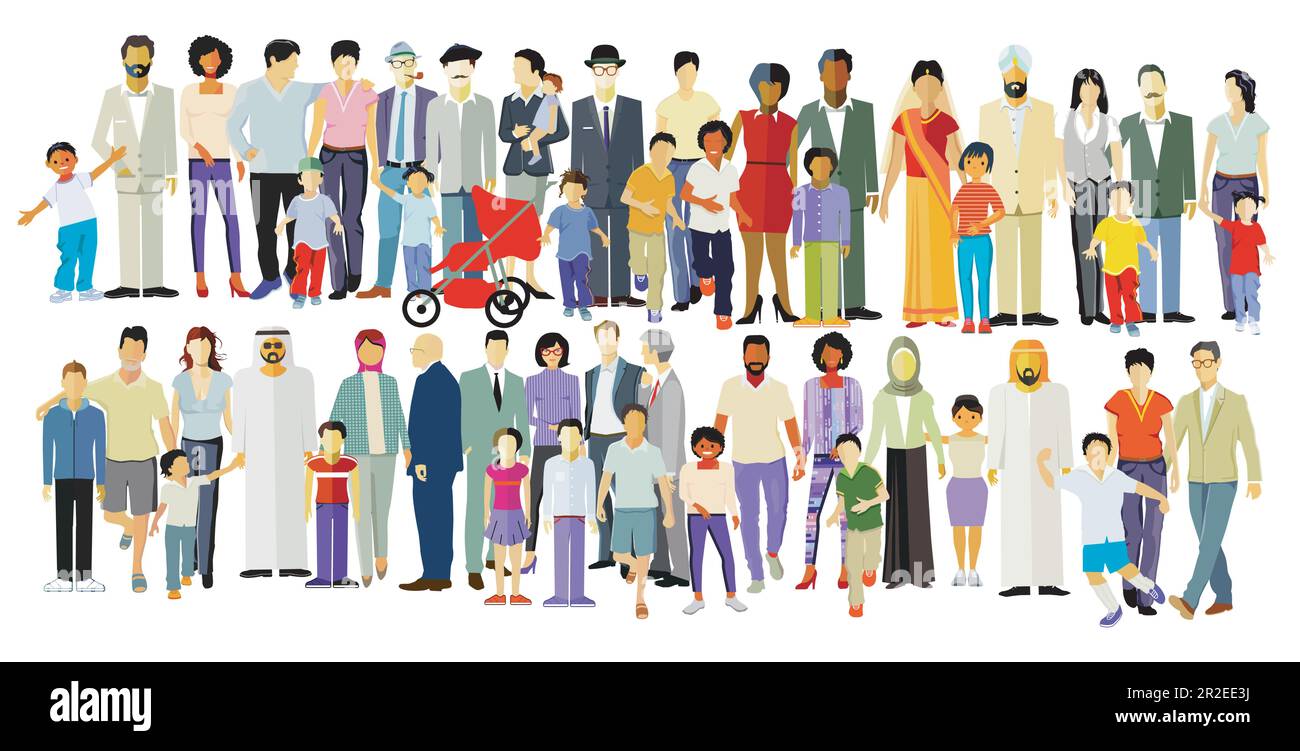 Large family group in community isolated on white background ...