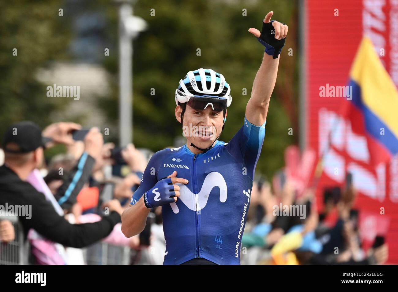Colombia's Einer Rubio Reyes celebrates winning the 13rd stage of the ...