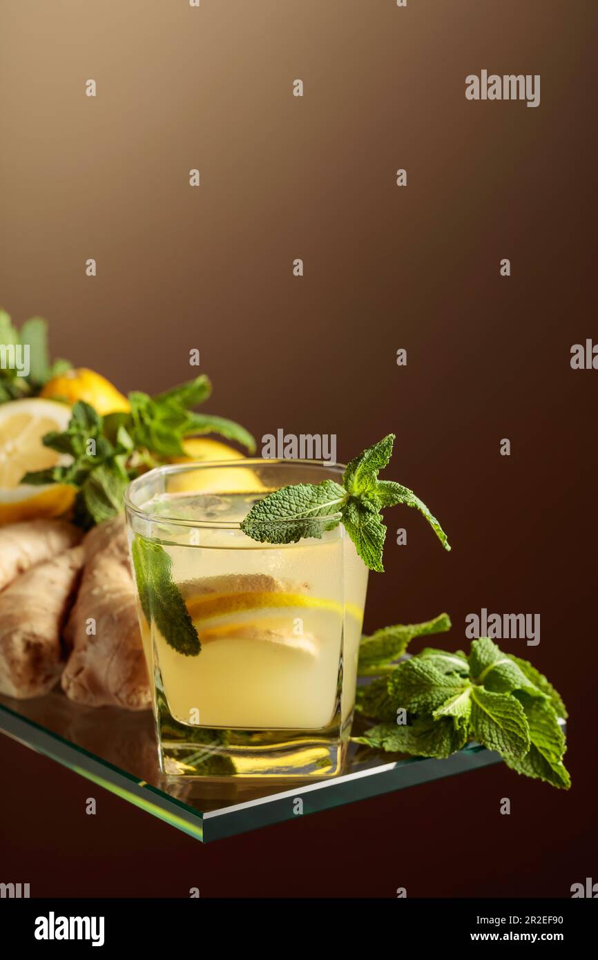 Ginger ale beer cocktail with lemon and mint in a frozen glass ...