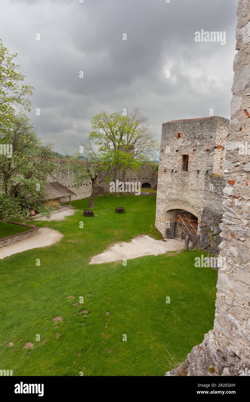 The inner courtyard of the castle is covered with grass and trees. The ...