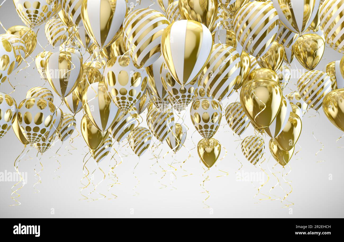 Elegant helium balloons flying on white background for announcements ...