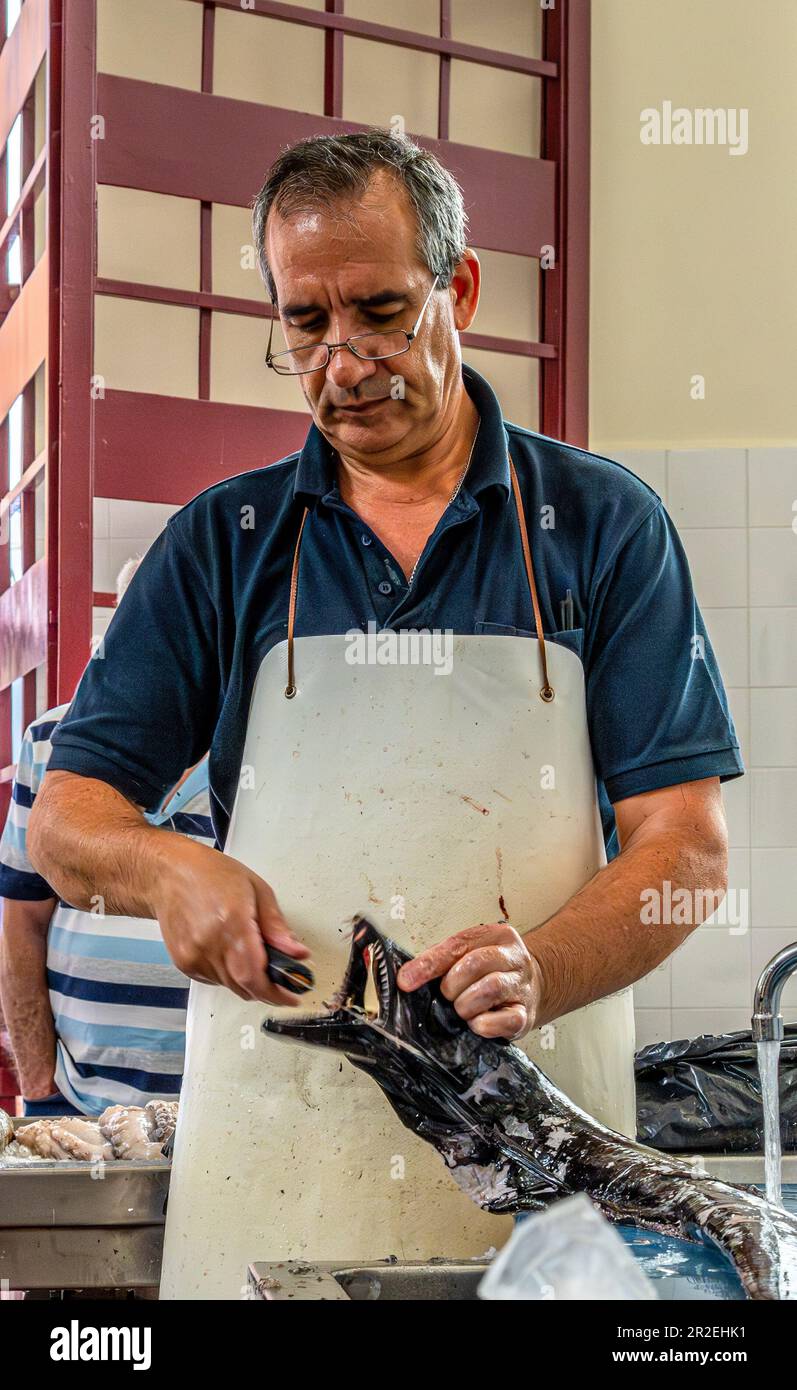 Local fish being prepared in the fish market, Funchal, Madeira Stock ...