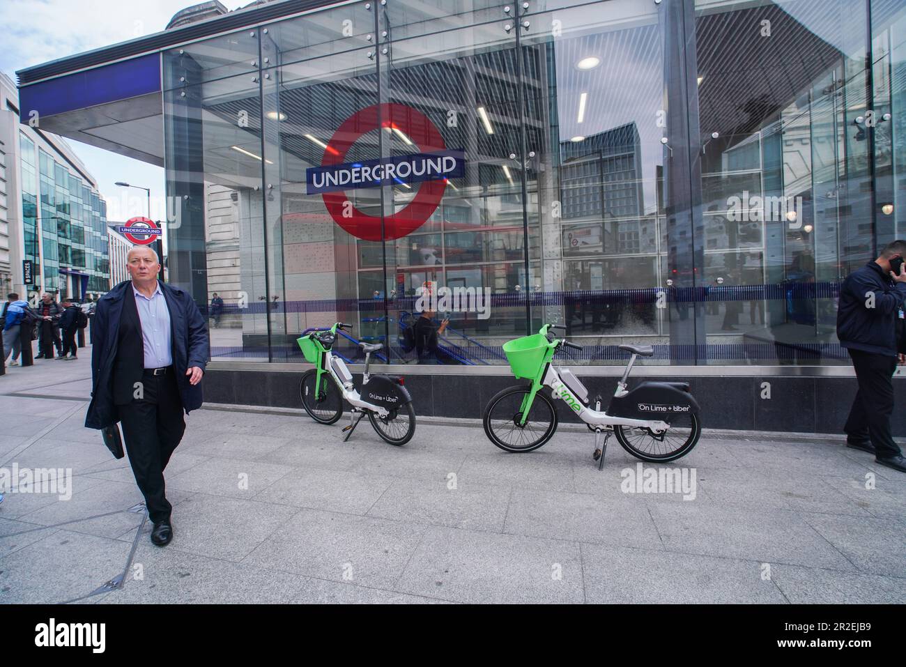 London UK. 19 May 2023 Lime hire electric bikes abandoned outside a London undergroud station in ...