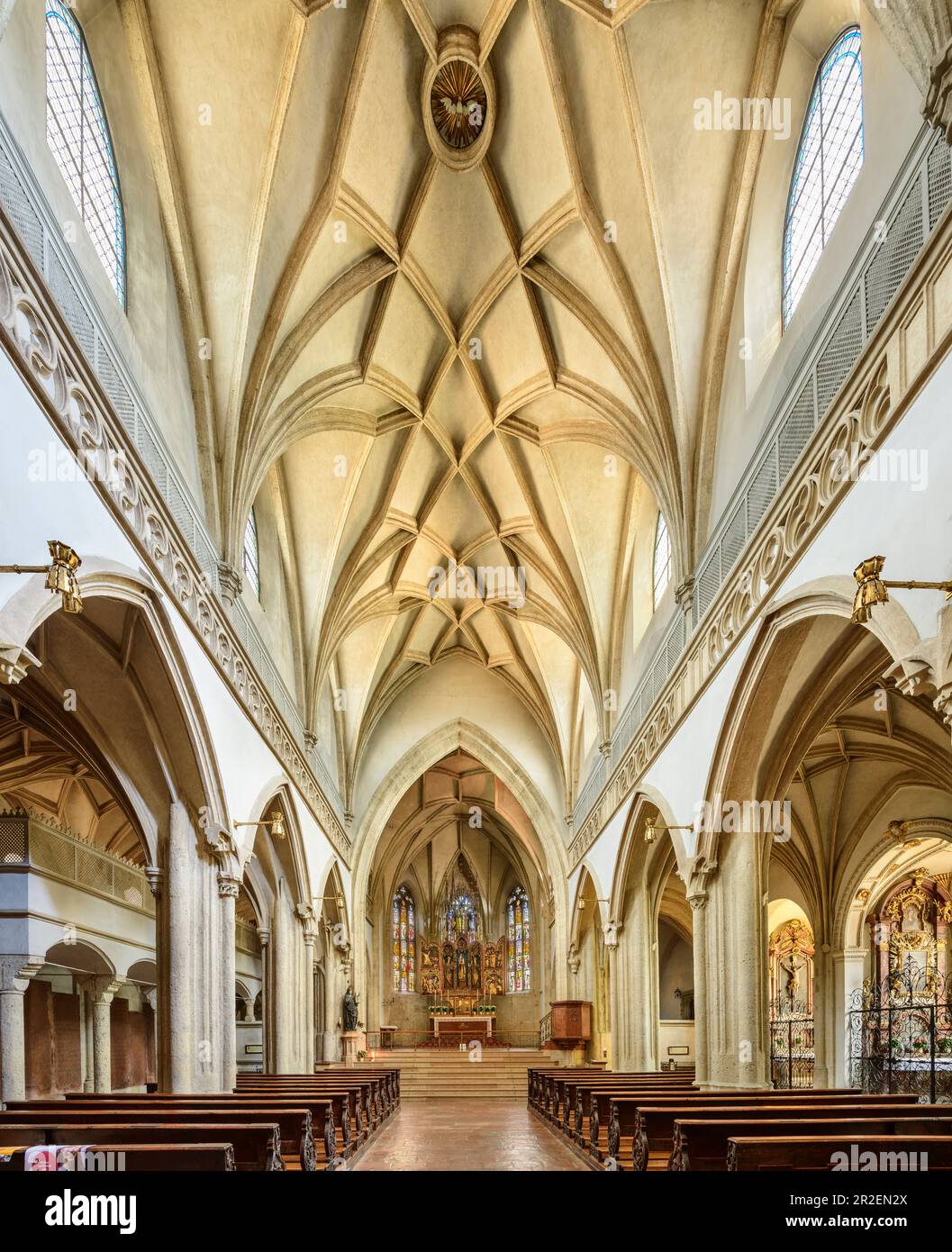 Gothic altar and vaulted ceiling of the Nonnberg Abbey Church, Nonnberg ...