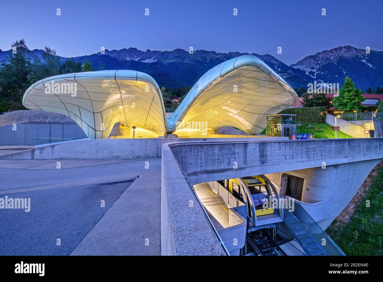 Illuminated mountain station Hungerburg with Karwendel in the ...