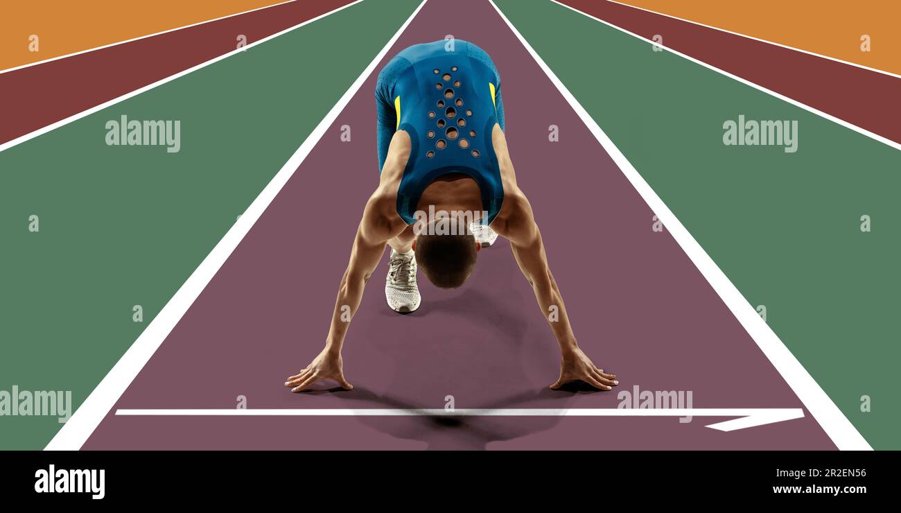 Collage. Professional male athlete, runner training on colorful ...