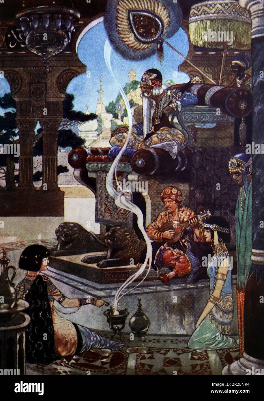 By Rene Bull. Colour: A Sultan on a high throne, a man playing a lute ...