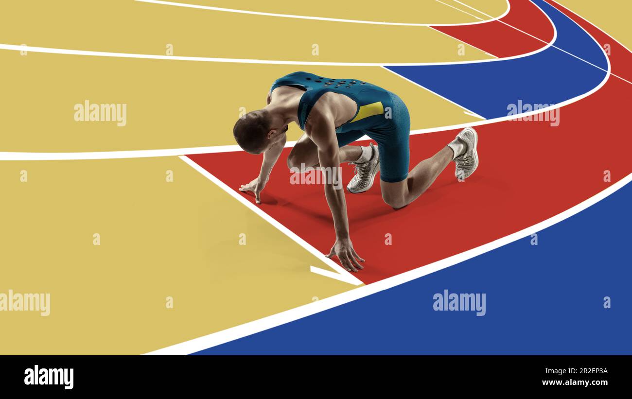 Collage. Young muscular man, professional male athlete, runner training ...