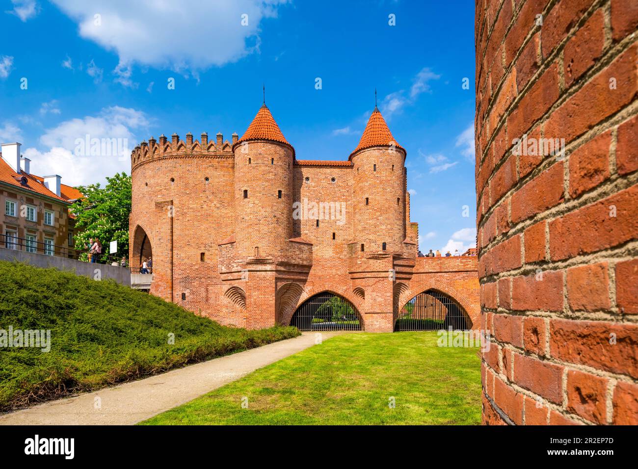 Old town, barbican, fortified medieval city walls, old town, Warsaw ...