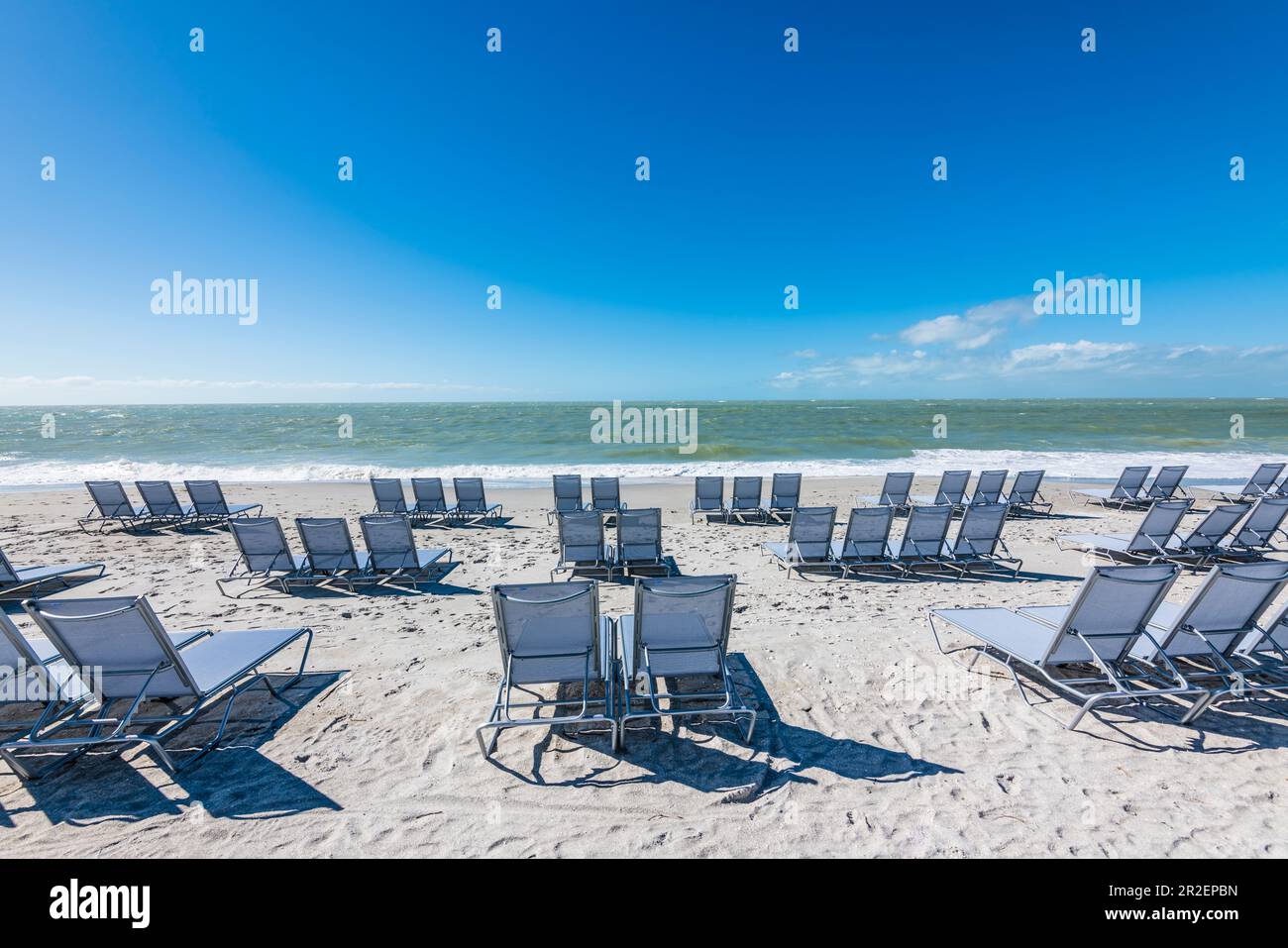 Empty deckchairs on the beach of the Gulf of Mexico, Fort Myers Beach ...