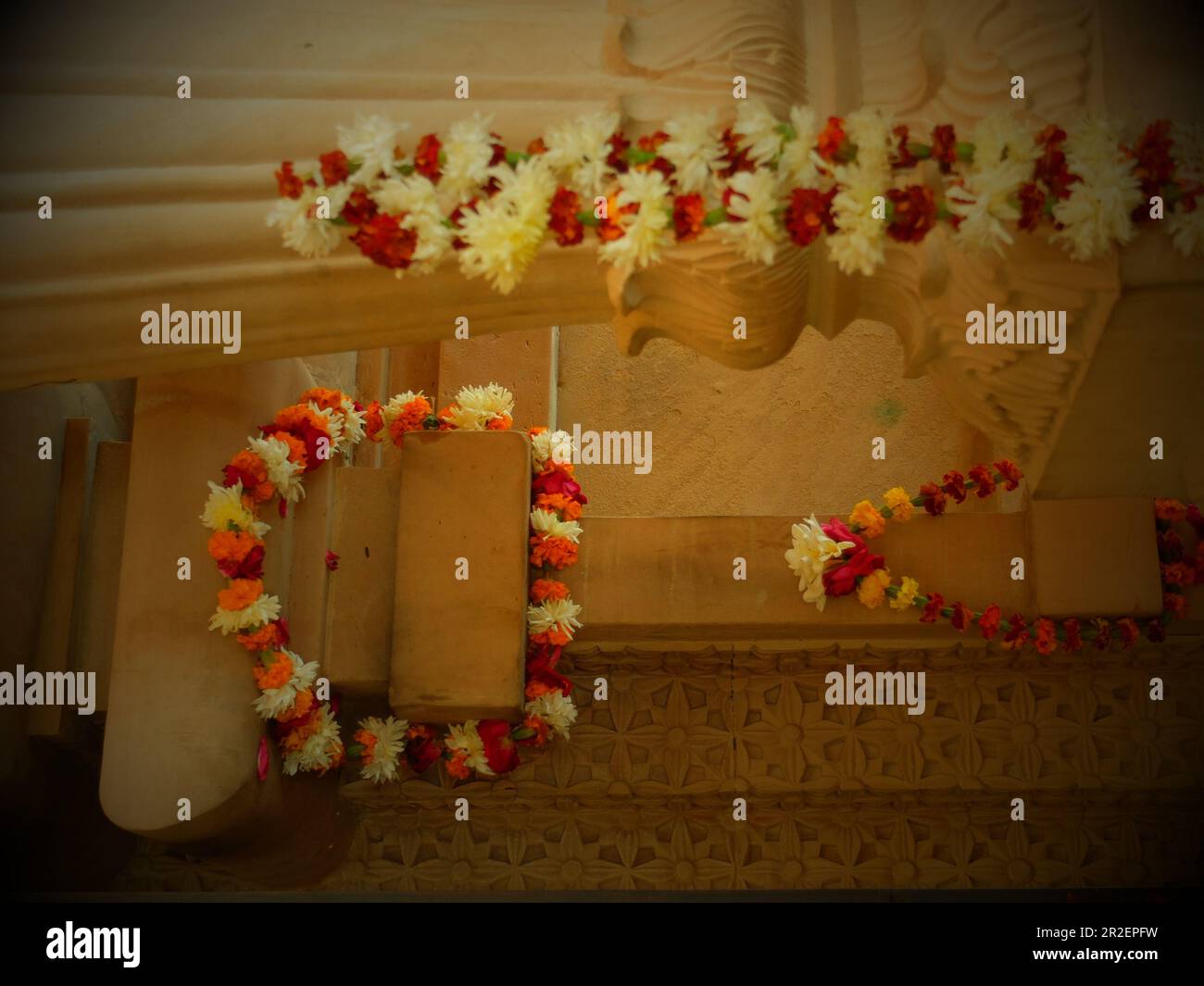 2018, Vrindakund, Vrindavan, Uttar Pradesh, India, flower garlands ...