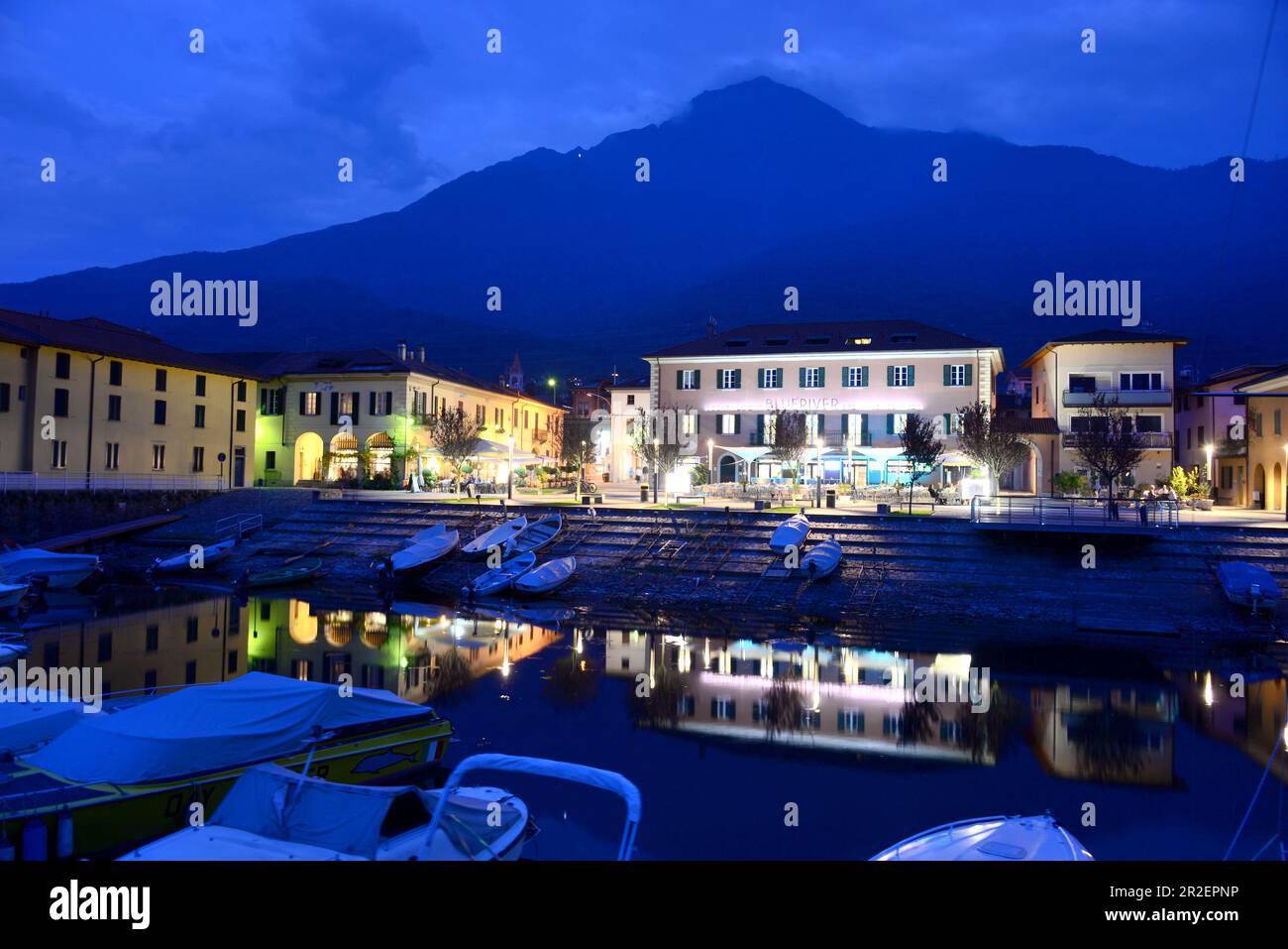 small port of Colico in the evening light, east side, Lake Como ...