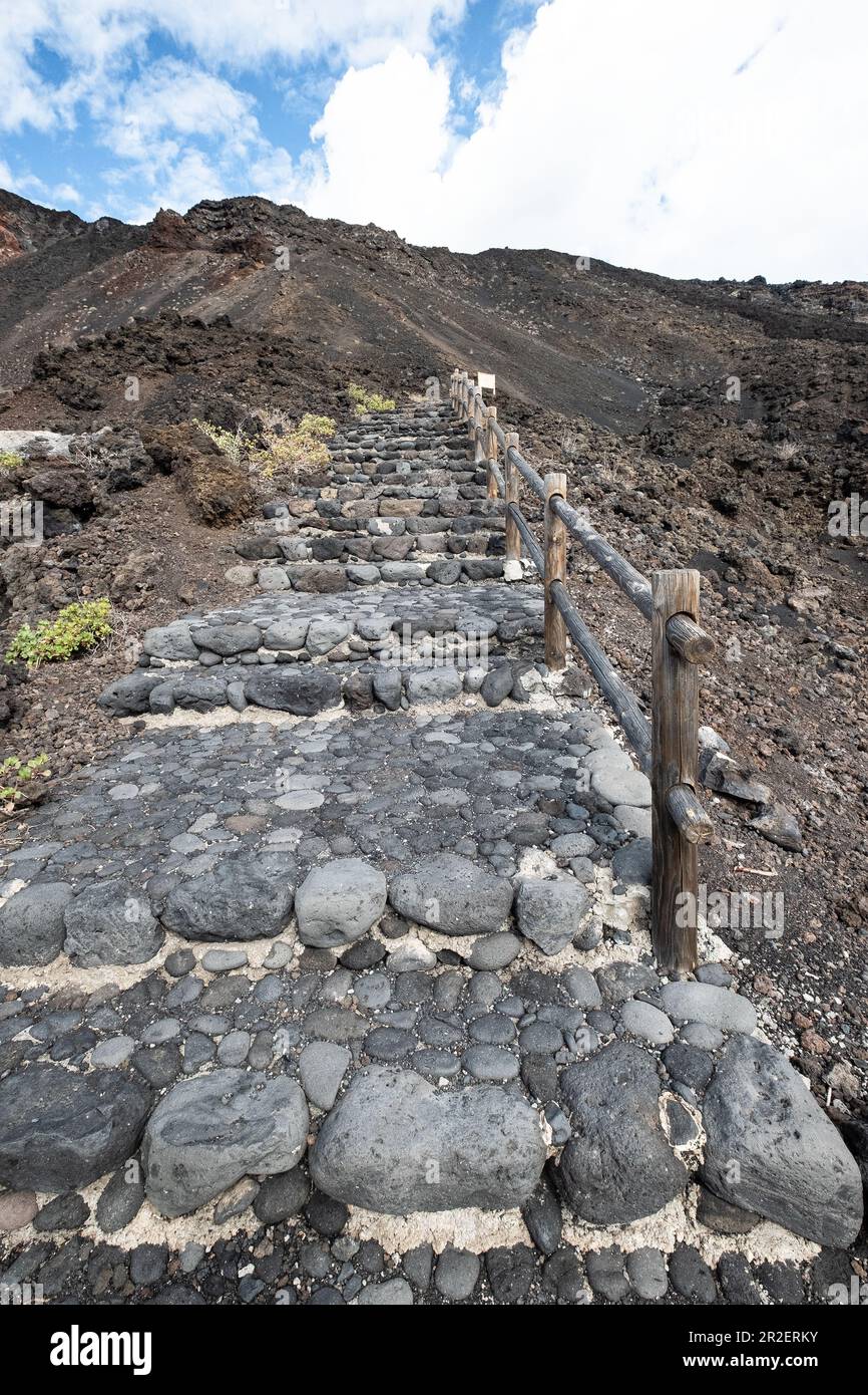 Stone stairs to Echentive beach, in the background the Teneguia volcano ...
