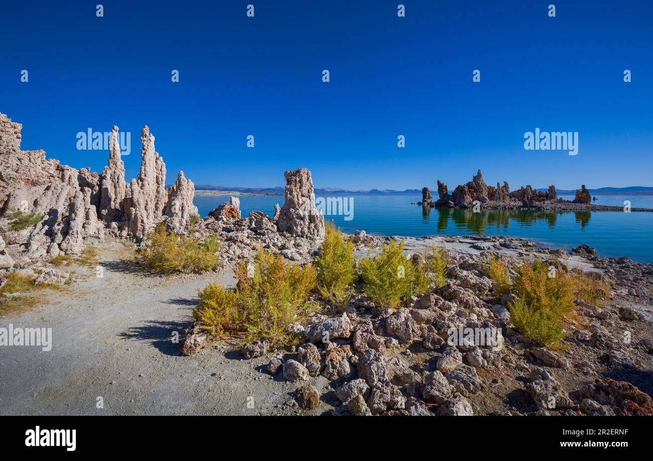 South Tufa limestone towers on Mono Lake with blue sky, California, USA ...