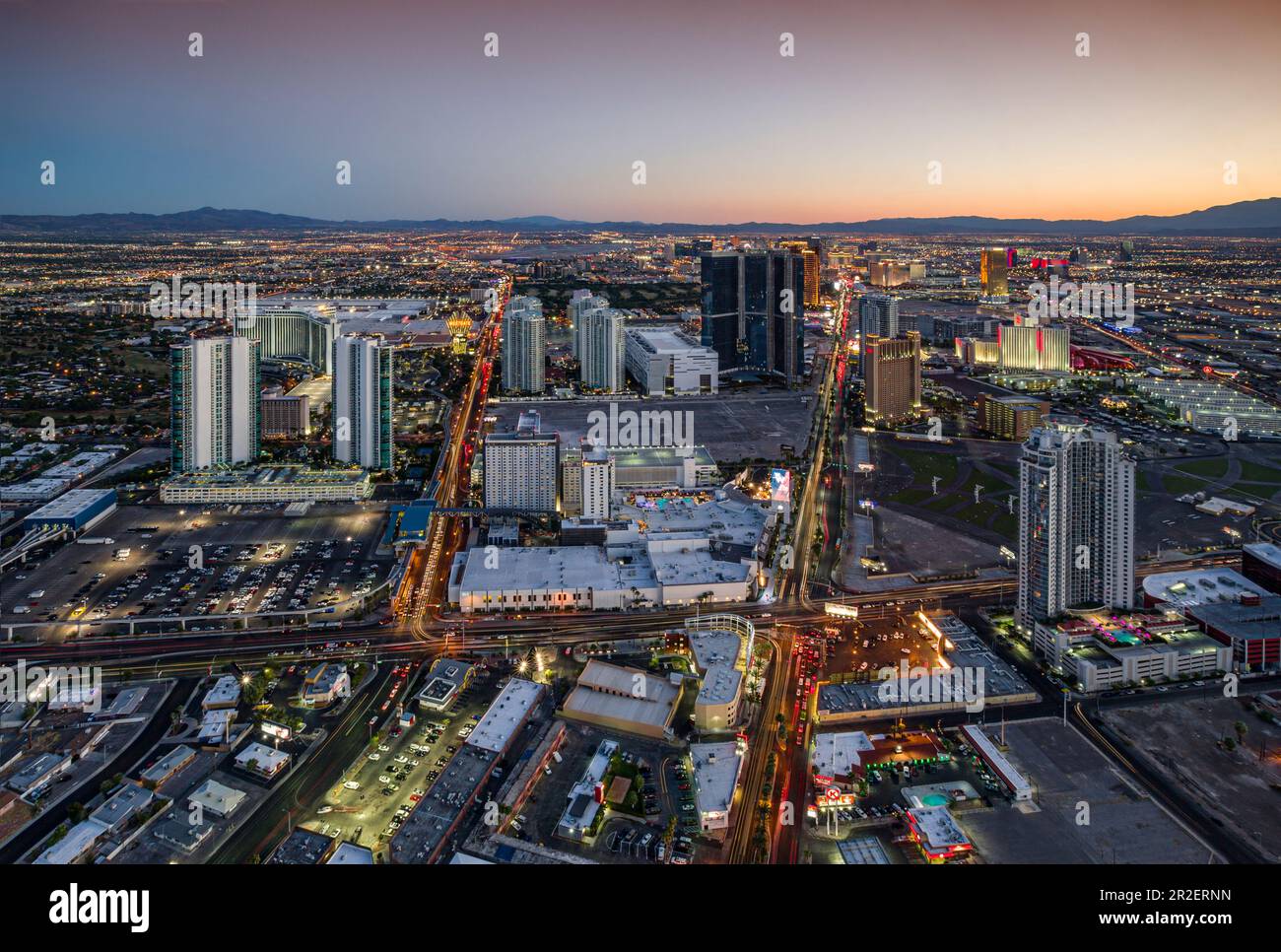 Las Vegas Strip from a bird's eye view at sunset from the panoramic ...