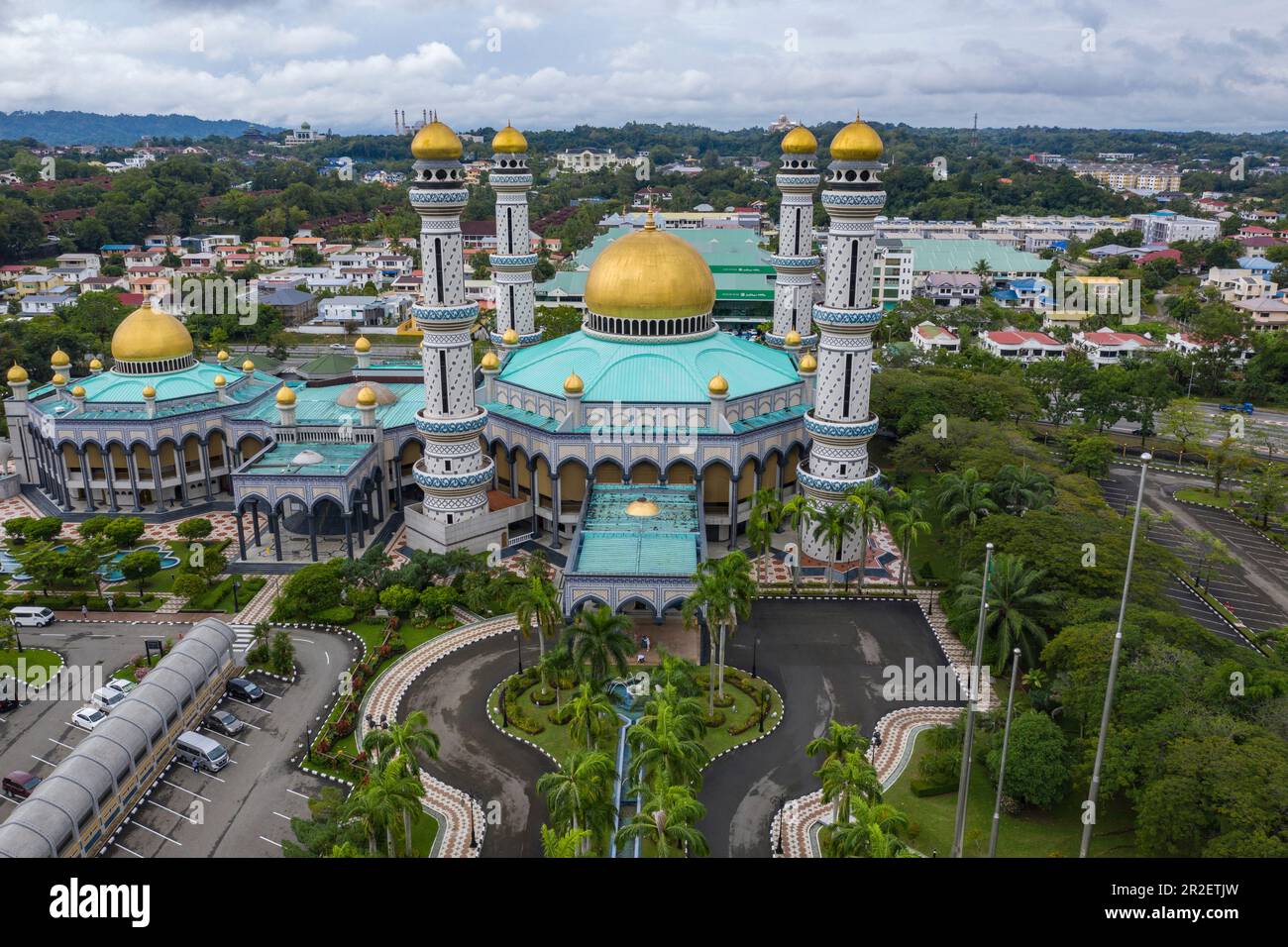 Aerial of Jame'Asr Hassan Bolkia Mosque, Gadong B, Bandar Seri Begawan, Brunei-Muara District ...