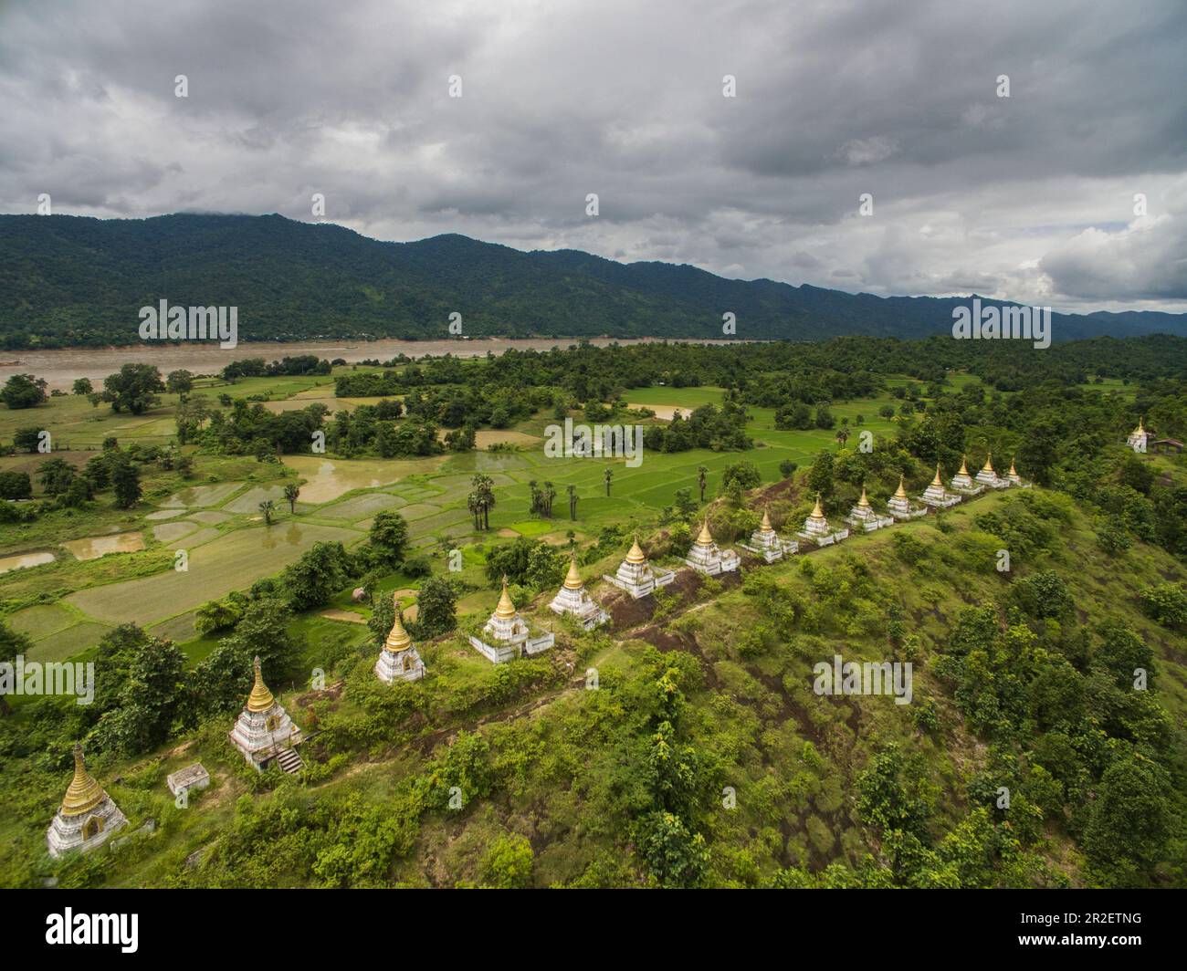 28 Buddhist stupas on hillside at Ma Sein overlooking Chindwin River ...