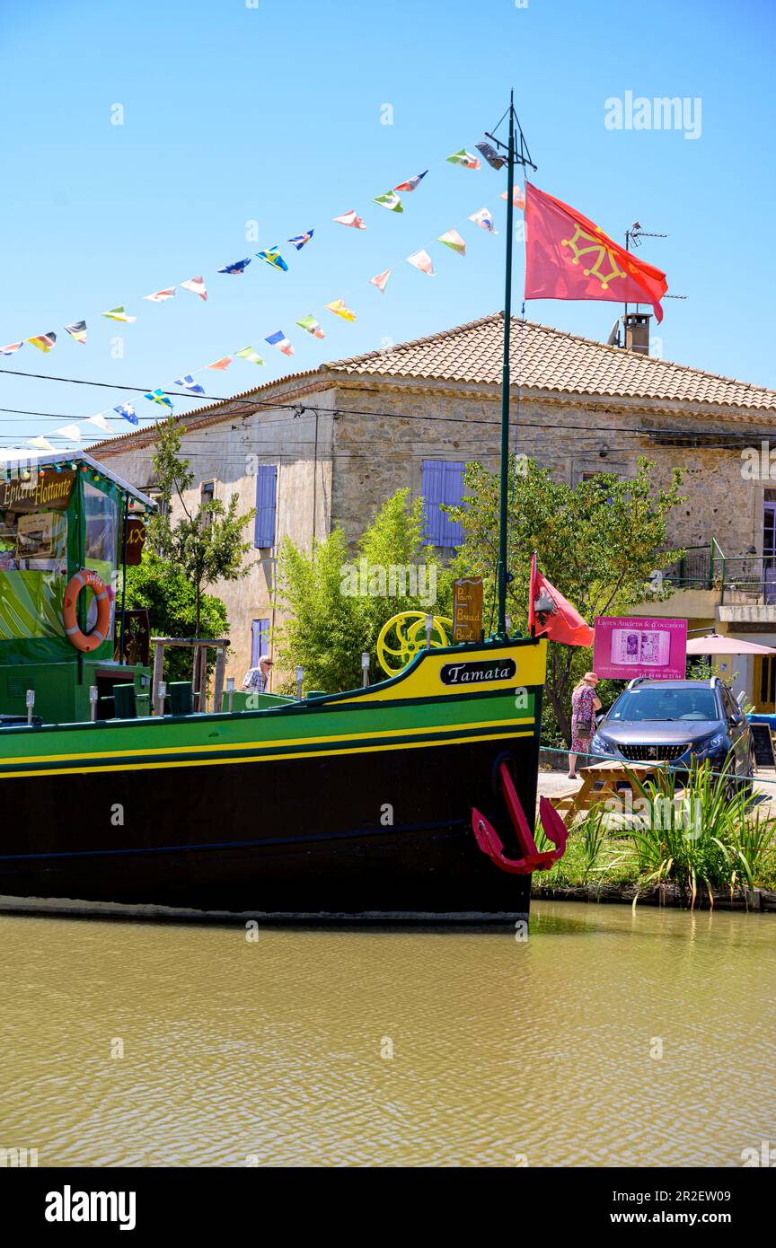 Boats in Le Somail on the Canal du Midi, Occitania, France Stock Photo ...