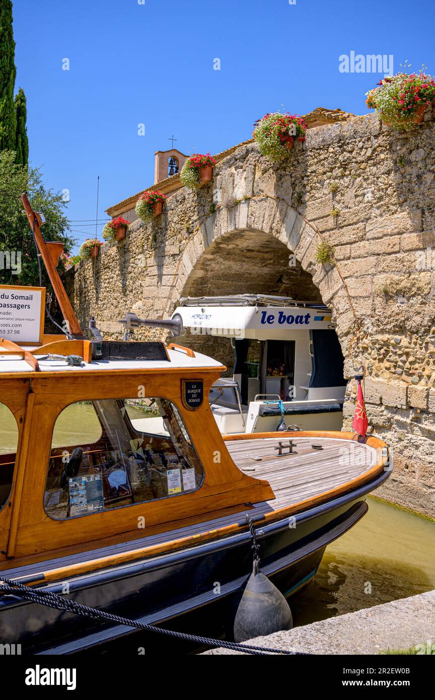 Boats in Le Somail on the Canal du Midi, Occitania, France Stock Photo ...