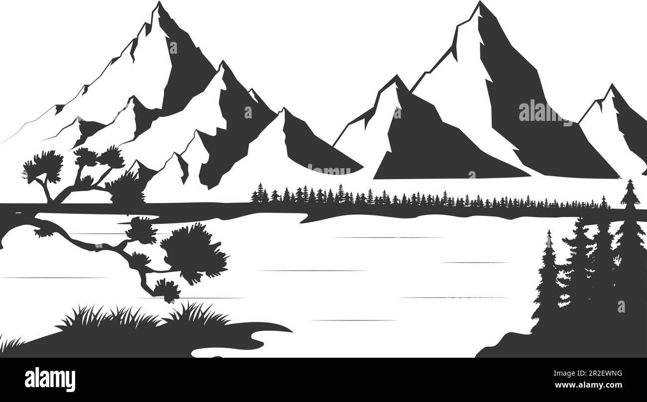 Mountain with pine trees and lake landscape black on white background ...