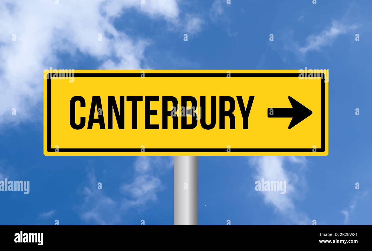 Canterbury road sign on blue sky background Stock Photo - Alamy