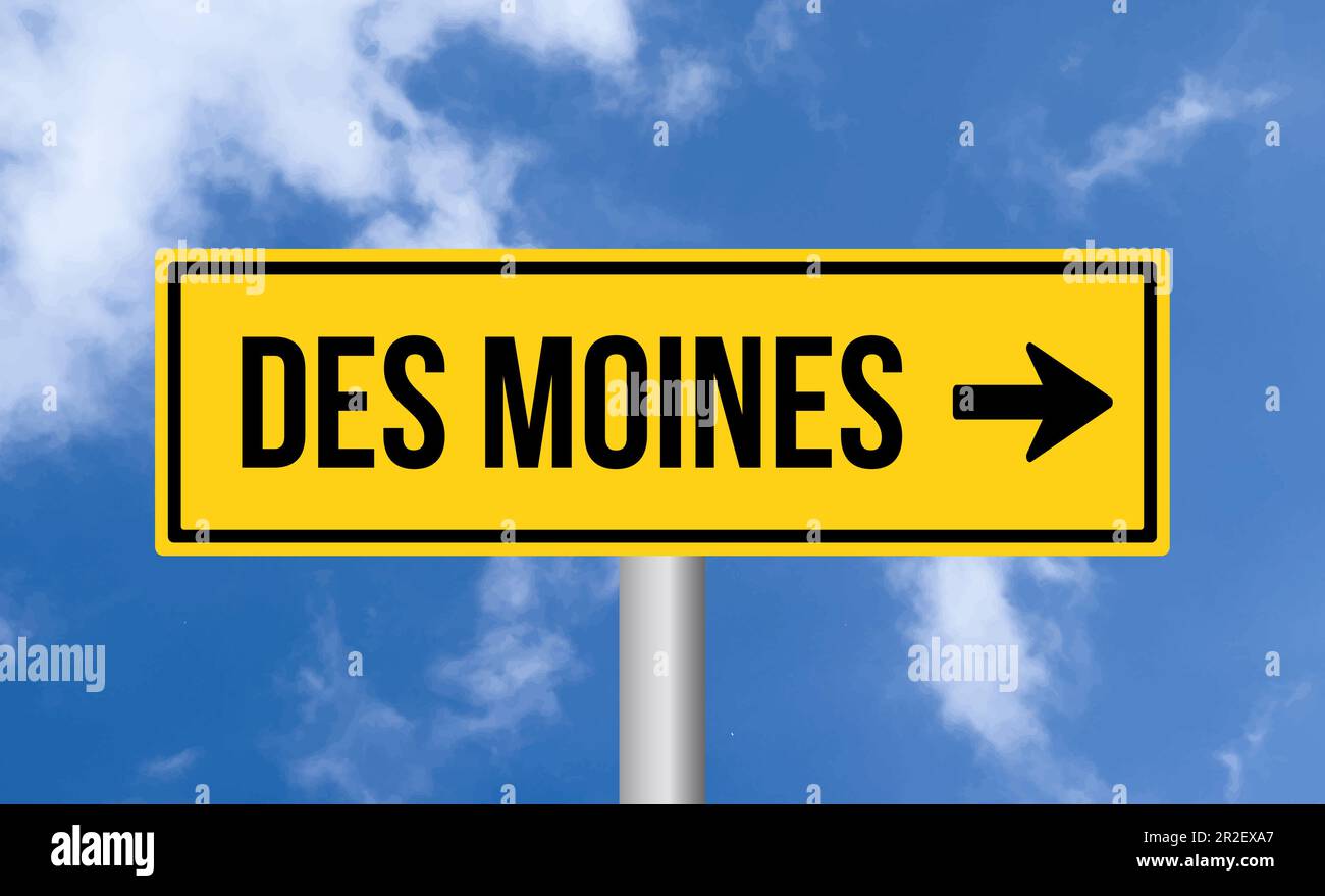 Des moines road sign on sky background Stock Photo - Alamy