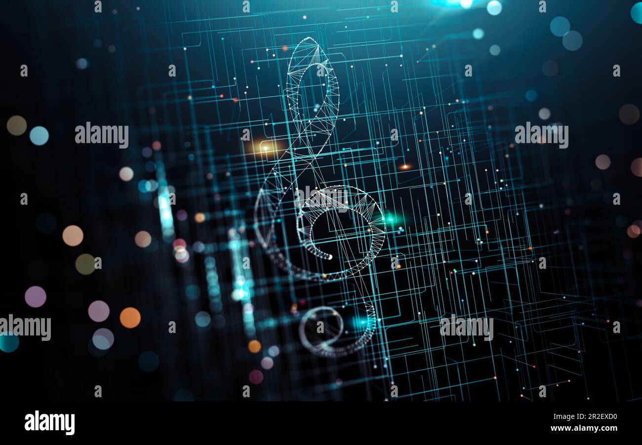 Abstract Colorful music concept with notes and clef, futuristic ...