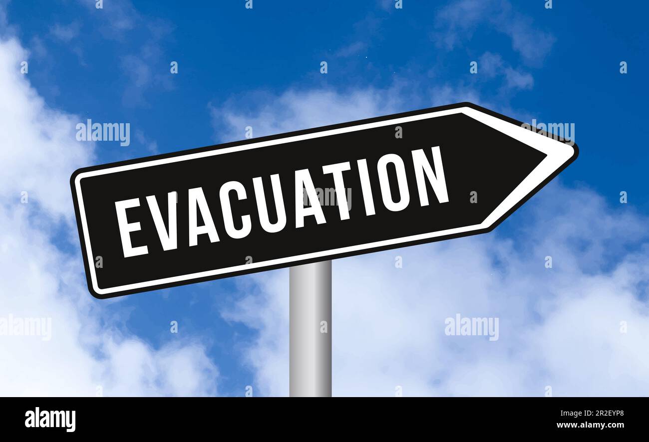 Evacuation road sign on blue sky background Stock Photo - Alamy