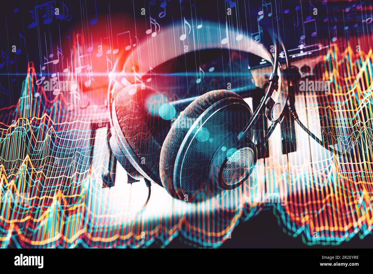 Earphone and keyboard over colorful lights background. Song, digital ...