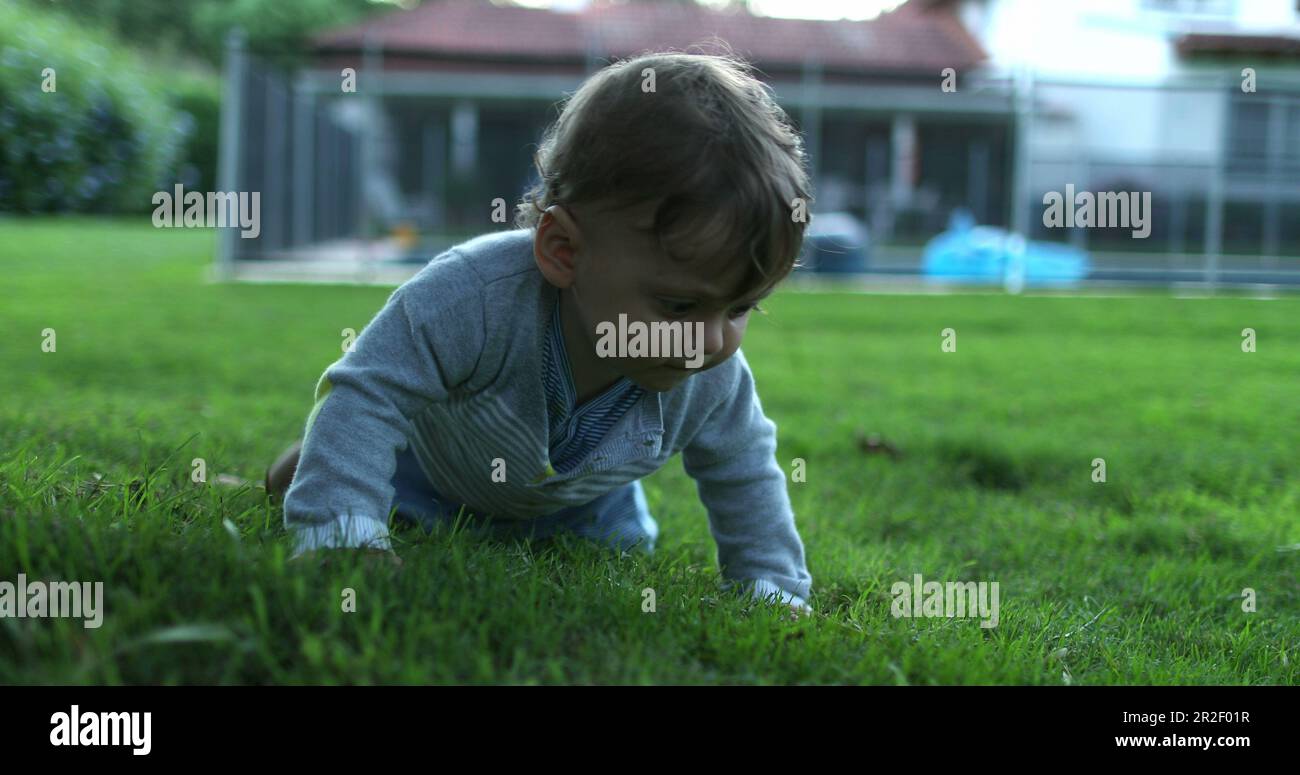 Infant baby crawling outside in home backyard garden grass Stock Photo ...