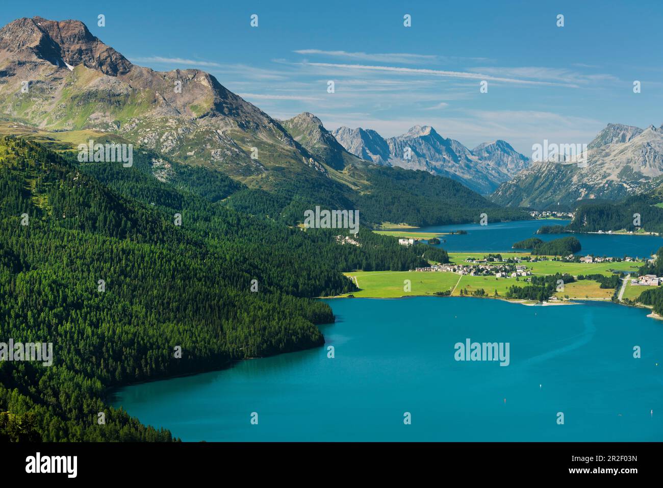 View of the Upper Engadine, Lake Silvaplana, Engadin, Graubünden ...
