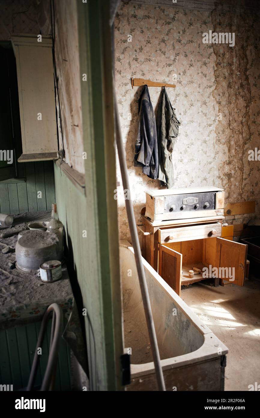 Interior view of a house in the ghost town of Bodie under a cloudy sky ...