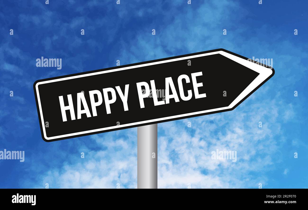 Happy place road sign on cloudy sky background Stock Photo - Alamy