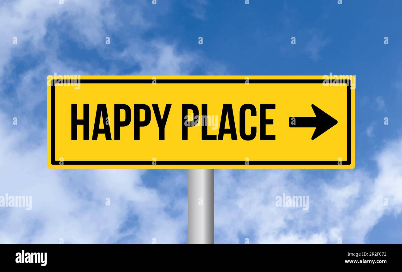 Happy place road sign on cloudy sky background Stock Photo - Alamy