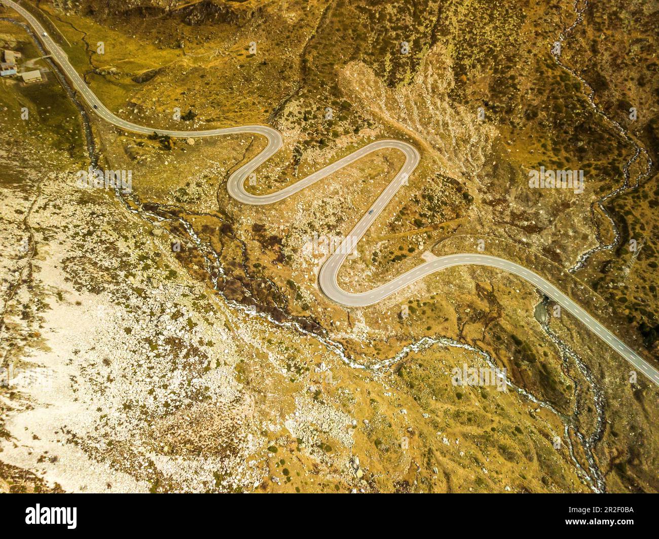 Snake road on the Julier Pass photographed from above with the drone ...