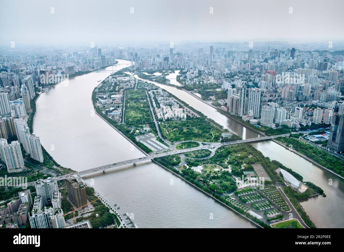 View from the Canton Tower on big city with Zhujiang River and Island, TV Tower, Guangzhou ...